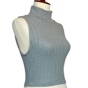 Tops | Grayish Blue High Neck Ribbed Knit Sleeveless Crop Top | Poshmark
